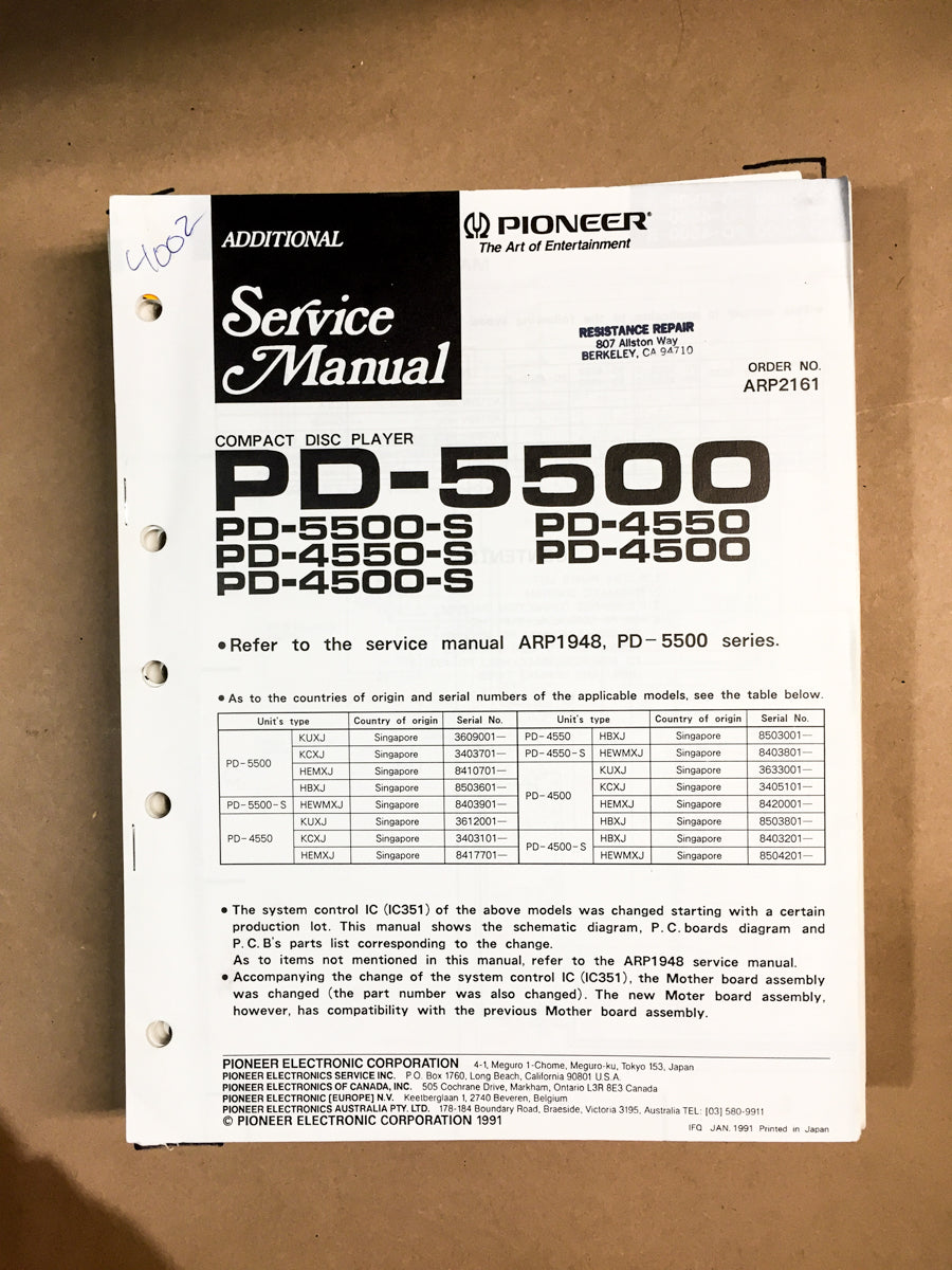 Pioneer PD-5500 PD-4500 PD-4550 CD Player Service Manual *Original* – Vintage Audio Store ...