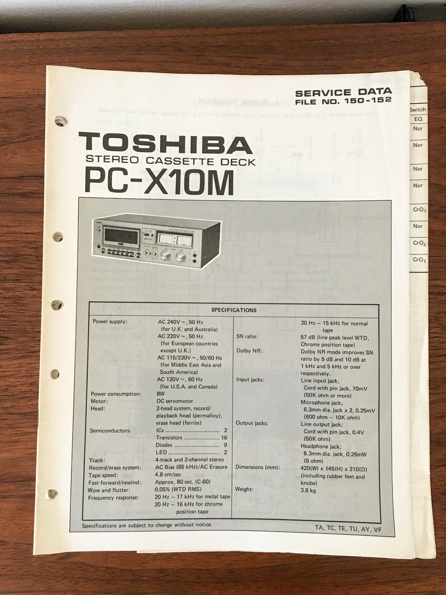 Toshiba PC-X10M Cassette Deck Service Manual *Original* – Vintage Audio Store - Vintage Service ...