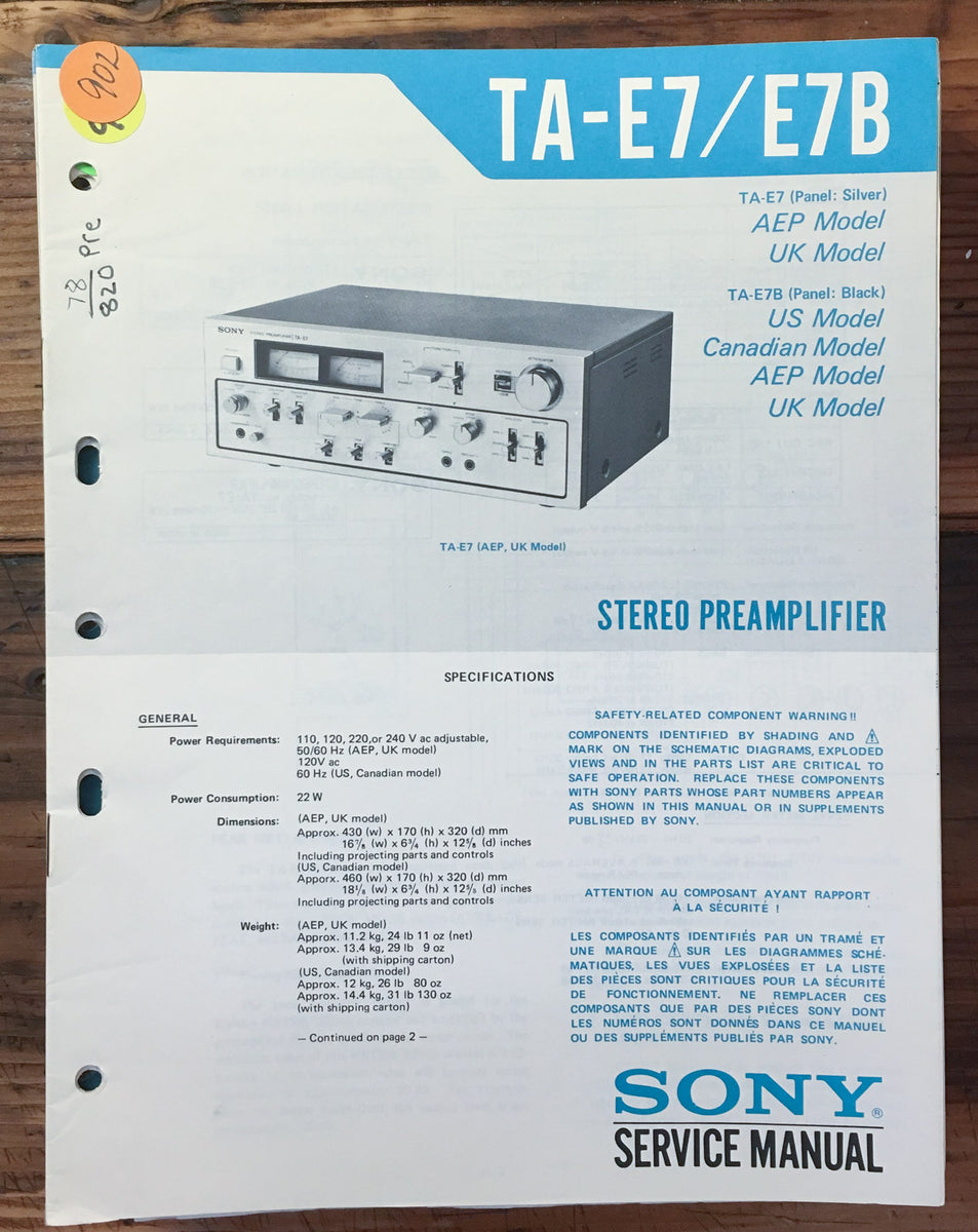 Sony TA-E7 TA-E7B Amplifier Service Manual *Original* – Vintage Audio Store - Vintage Service ...
