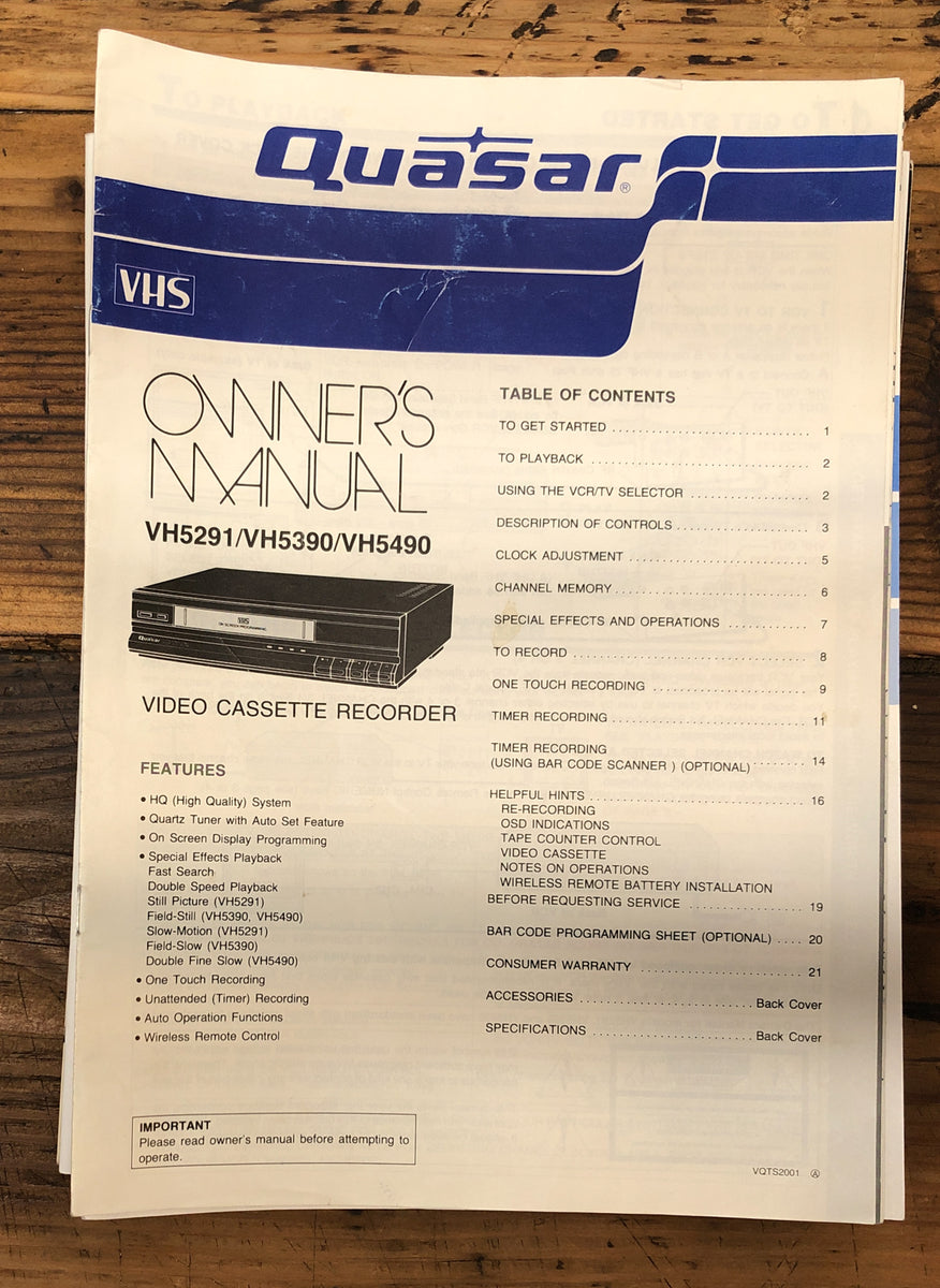 VCR Owner / User Manual *Original* – Vintage Audio Store - Vintage Service Manuals, Stereo ...