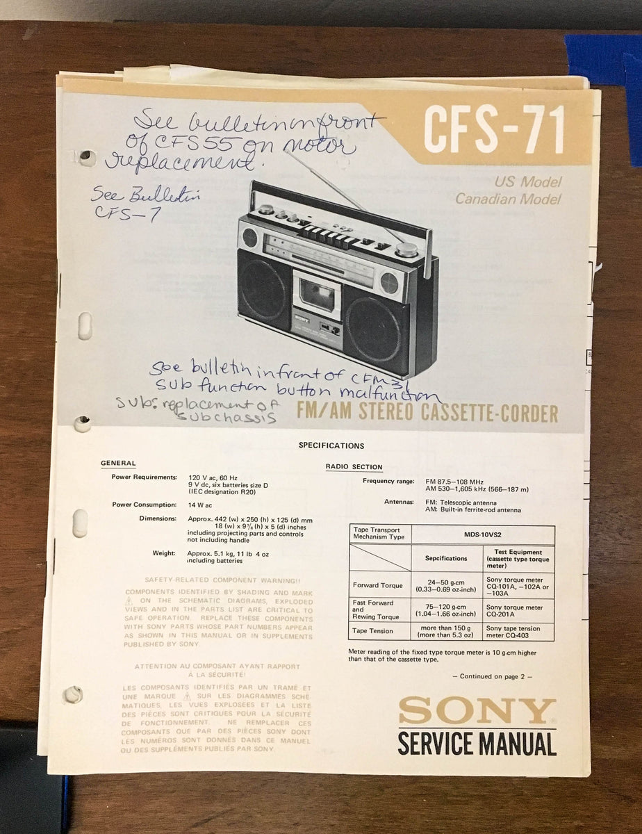 Sony CFS-71 Radio Cassette Recorder / Boombox Service Manual *Original – Vintage Audio Store ...