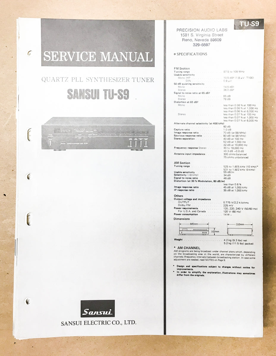 Sansui TU-S9 Tuner Service Manual *Original* – Vintage Audio Store - Vintage Service Manuals ...