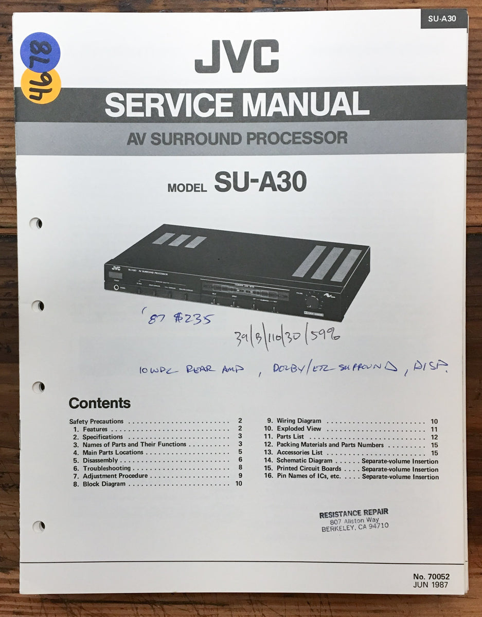 JVC SU-A30 Surround Processor Service Manual *Original* – Vintage Audio Store - Vintage Service ...