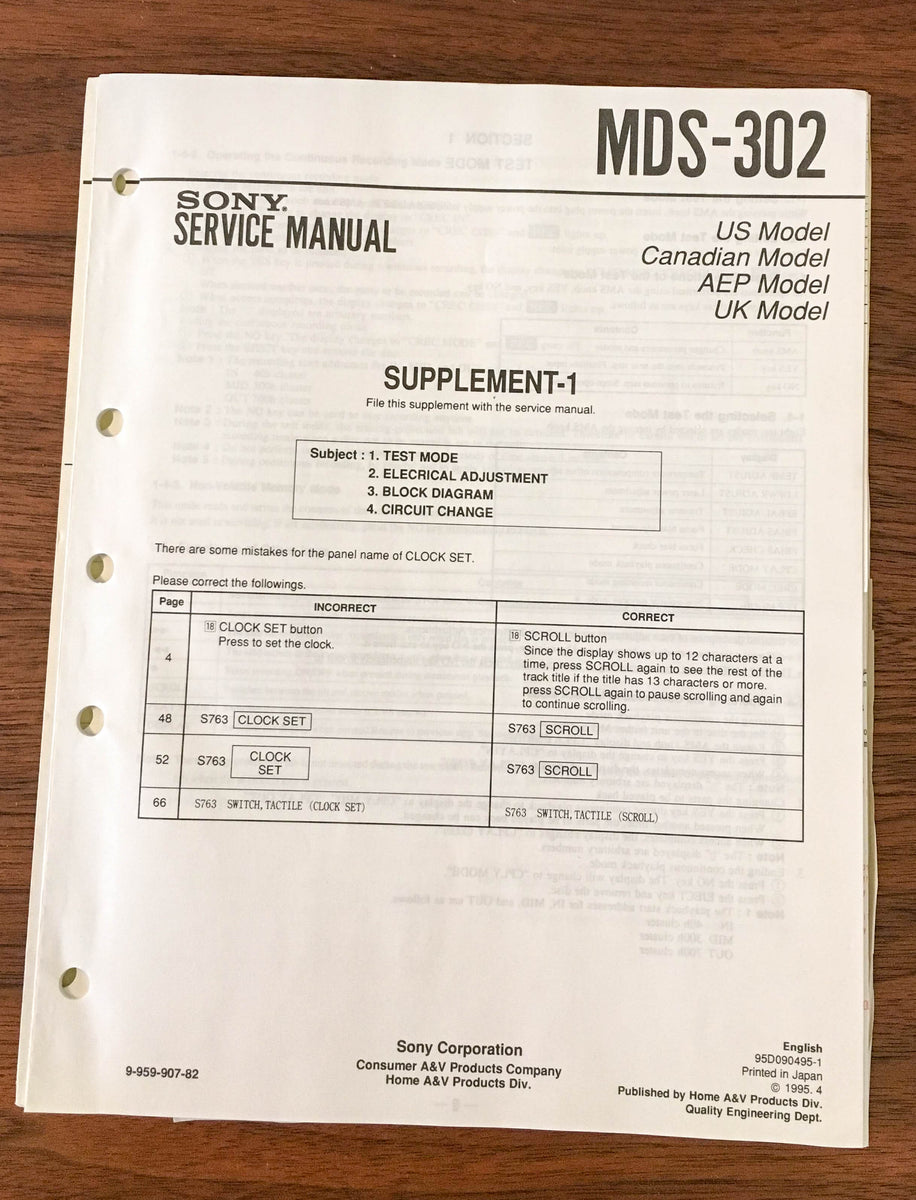 Sony MDS-302 Mini Disc Recorder Service Manual Suplement 1 *Original* – Vintage Audio Store ...