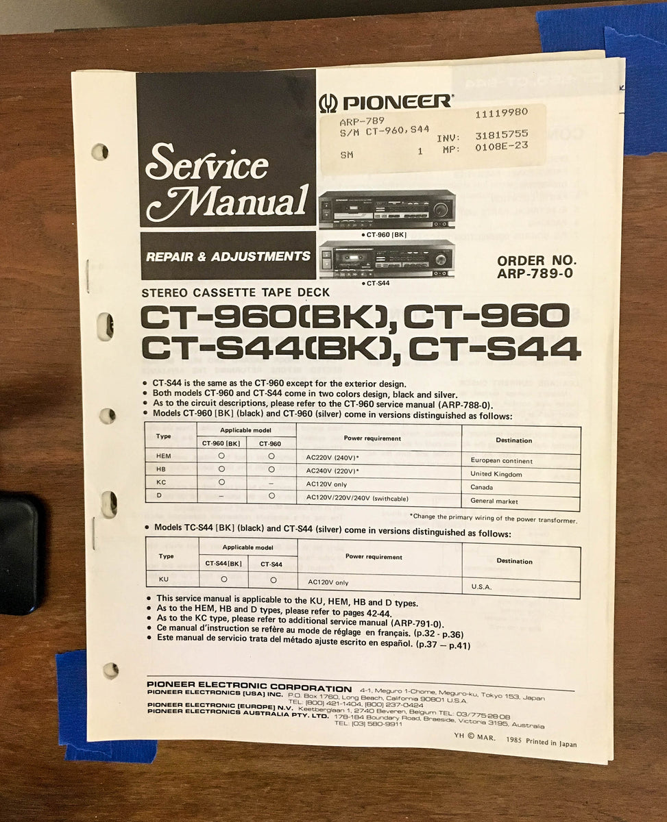 Pioneer CT-960 CT-S44 Cassette Service Manual *Original* – Vintage Audio Store - Vintage Service ...