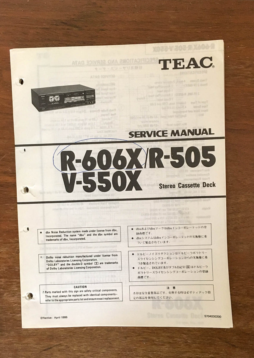 Teac R-606X R-505 V-550X Cassette Tape Deck Service Manual *Original* – Vintage Audio Store ...
