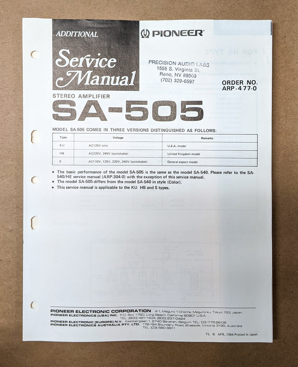 Pioneer SA-505 Stereo Amplifier Service Manual *Original* – Vintage Audio Store - Vintage ...