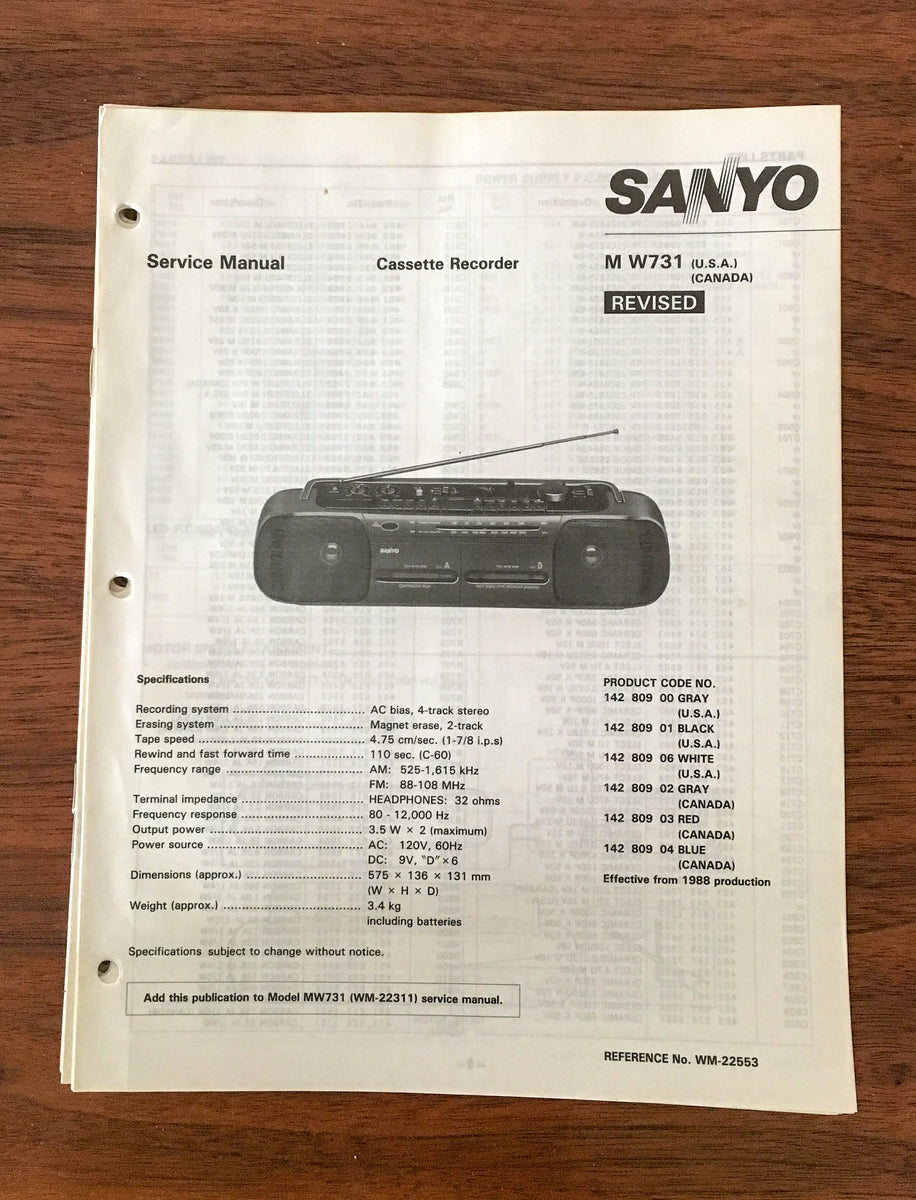 Sanyo M W731 Boombox / Radio Cassette Service Manual *Original* #1 – Vintage Audio Store ...