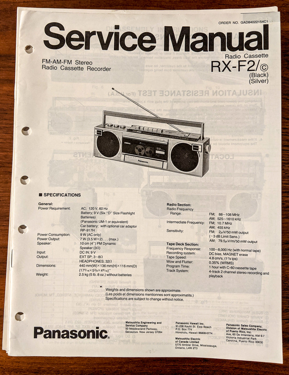 Panasonic RX-F2 Radio Cassette Service Manual *Original* – Vintage Audio Store - Vintage Service ...