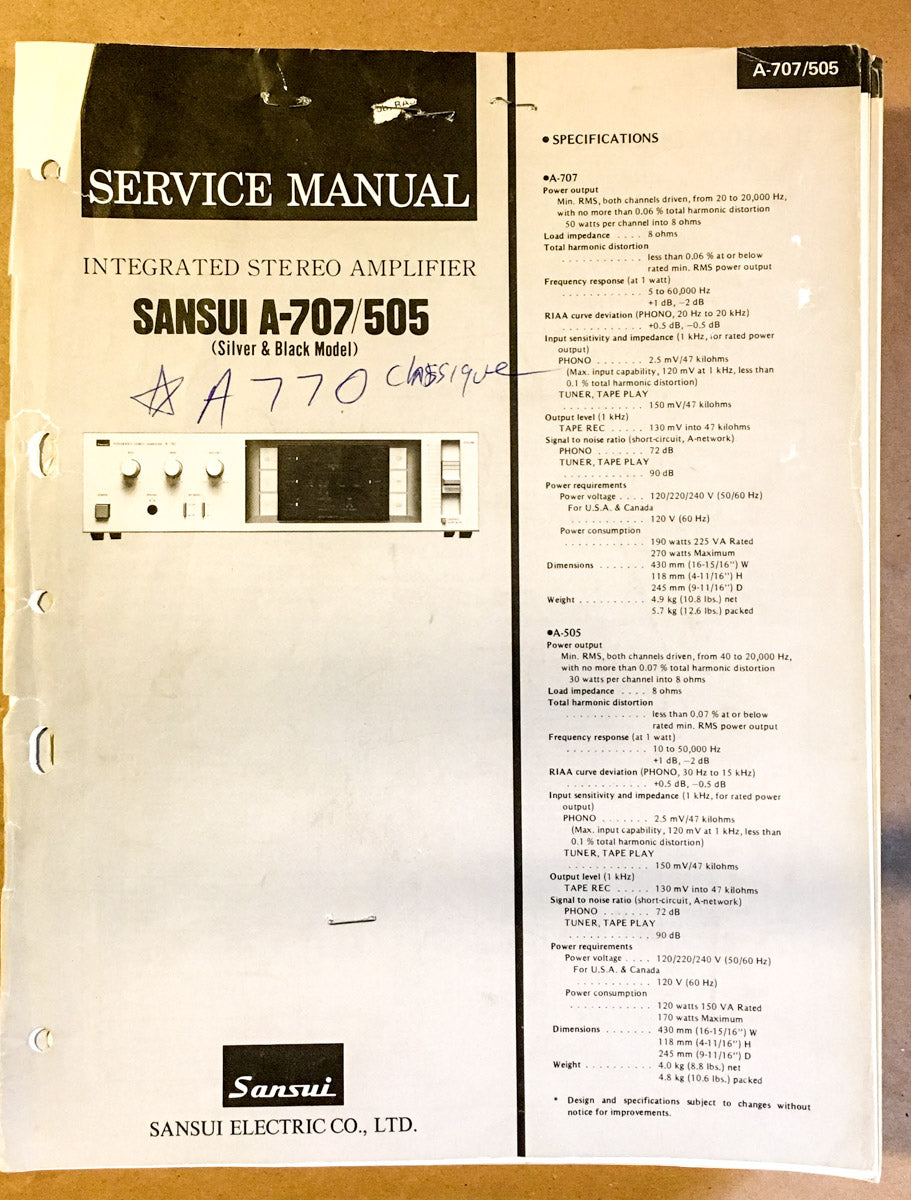 Sansui AU-707 A-505 Amplifier Service Manual *Original* – Vintage Audio Store - Vintage Service ...