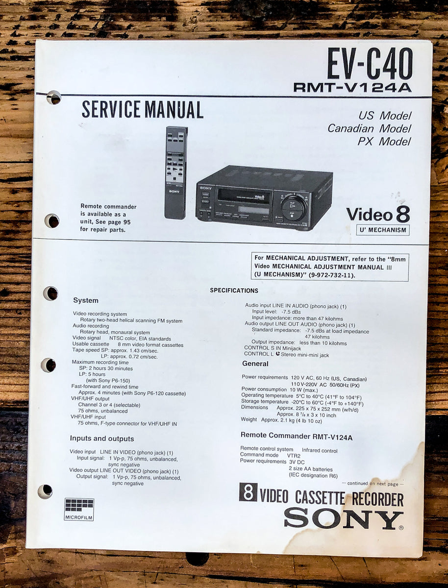 Video 8 VCR Service Manual *Original* – Vintage Audio Store - Vintage Service Manuals, Stereo ...