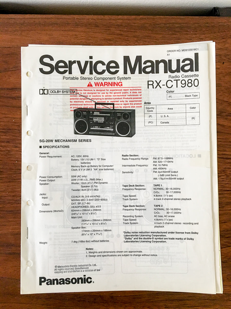 Panasonic RX-CT980 Radio Cassette Service Manual *Original* – Vintage Audio Store - Vintage ...