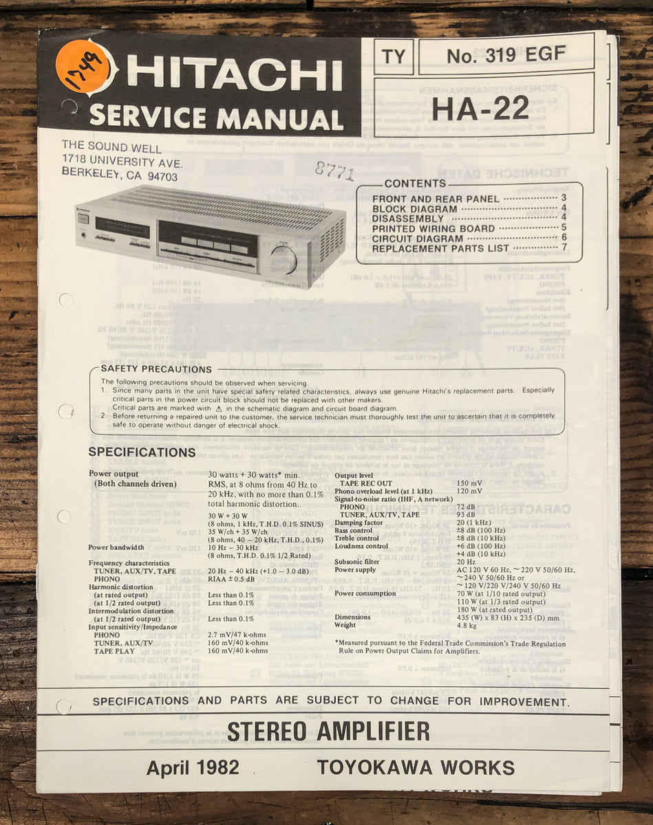 Amplifier Service Manual *Original* – Vintage Audio Store - Vintage ...