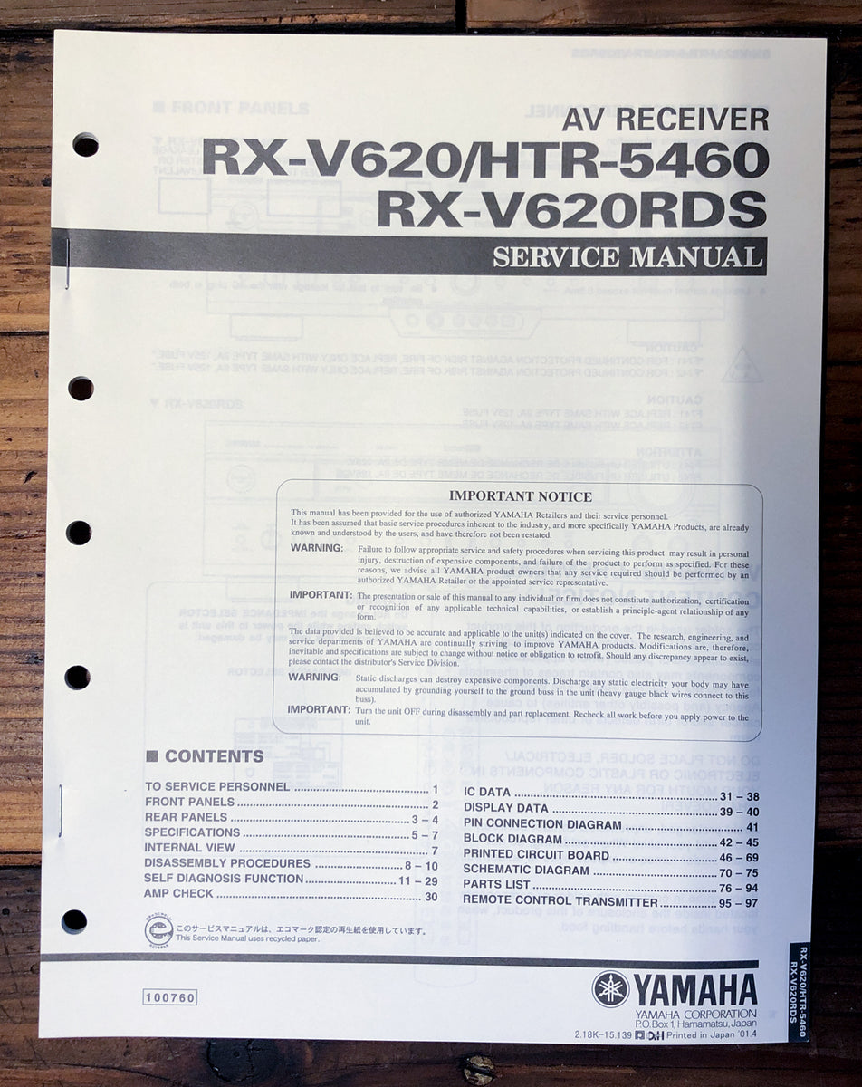 Yamaha RX-V620 HTR-5460 Receiver Service Manual *Original* – Vintage ...