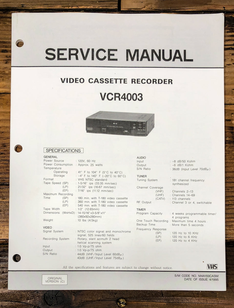 VCR Service Manual – Vintage Audio Store - Vintage Service Manuals ...