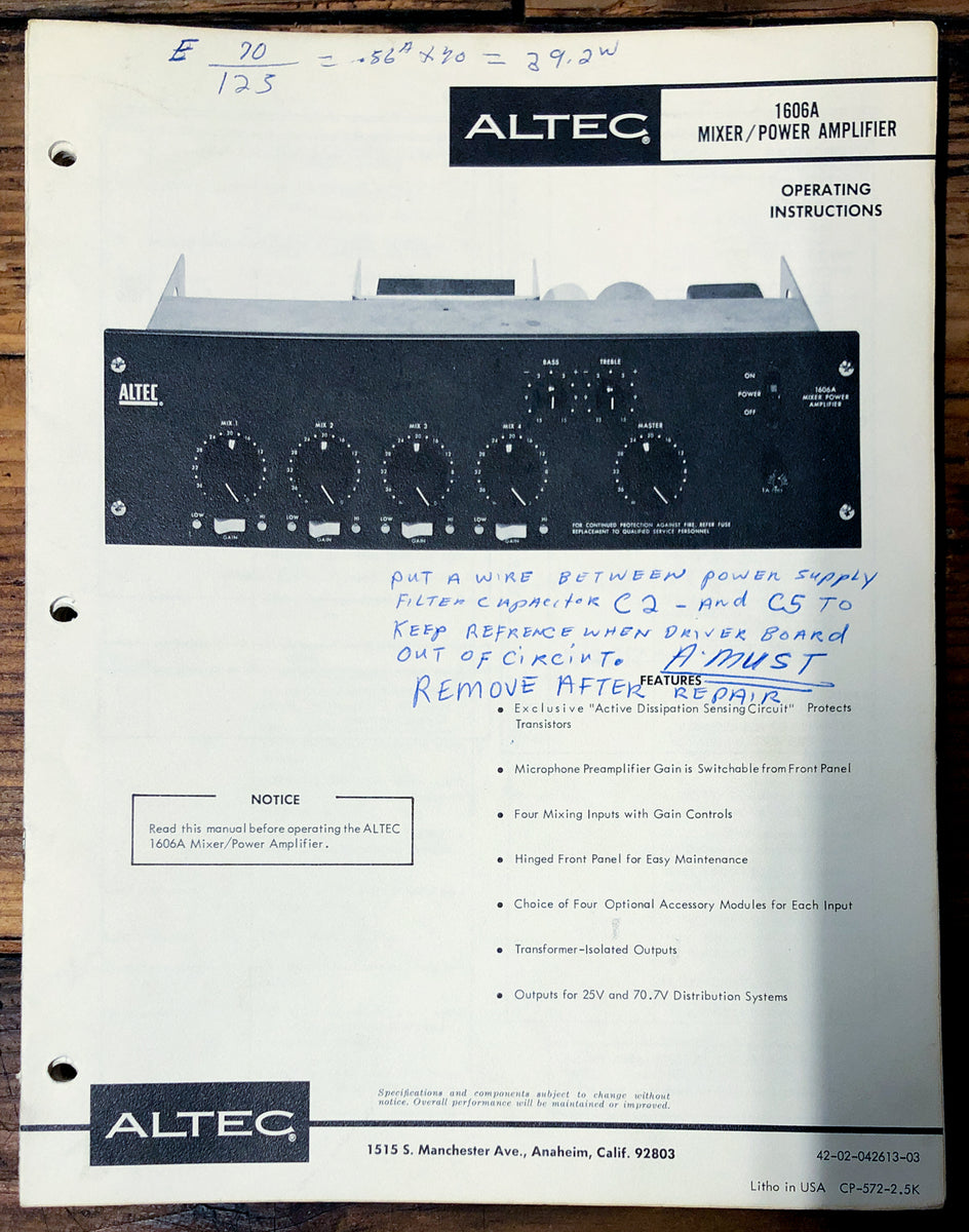 Amplifier Owners Manual & Schematic *Orig* – Vintage Audio Store ...