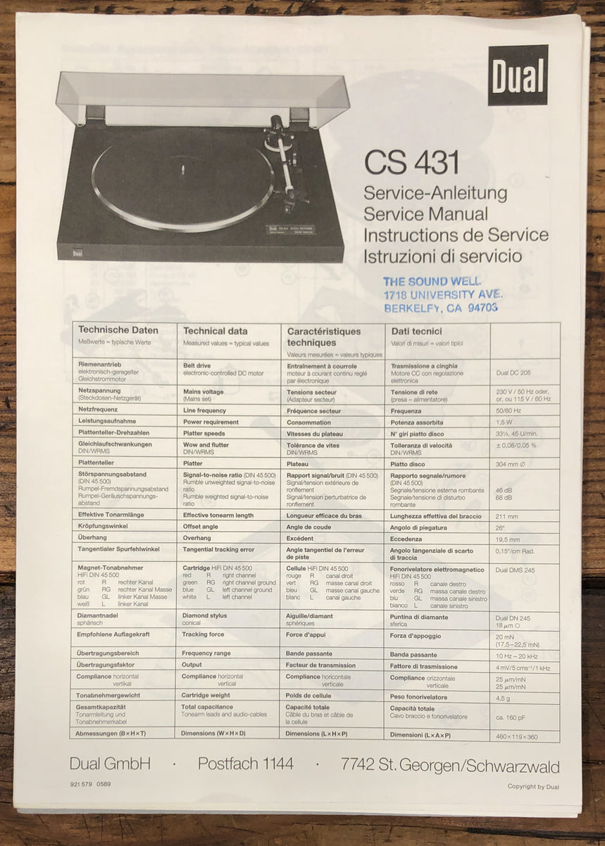 Record Player / Turntable Service Manual *Original* – Vintage Audio ...