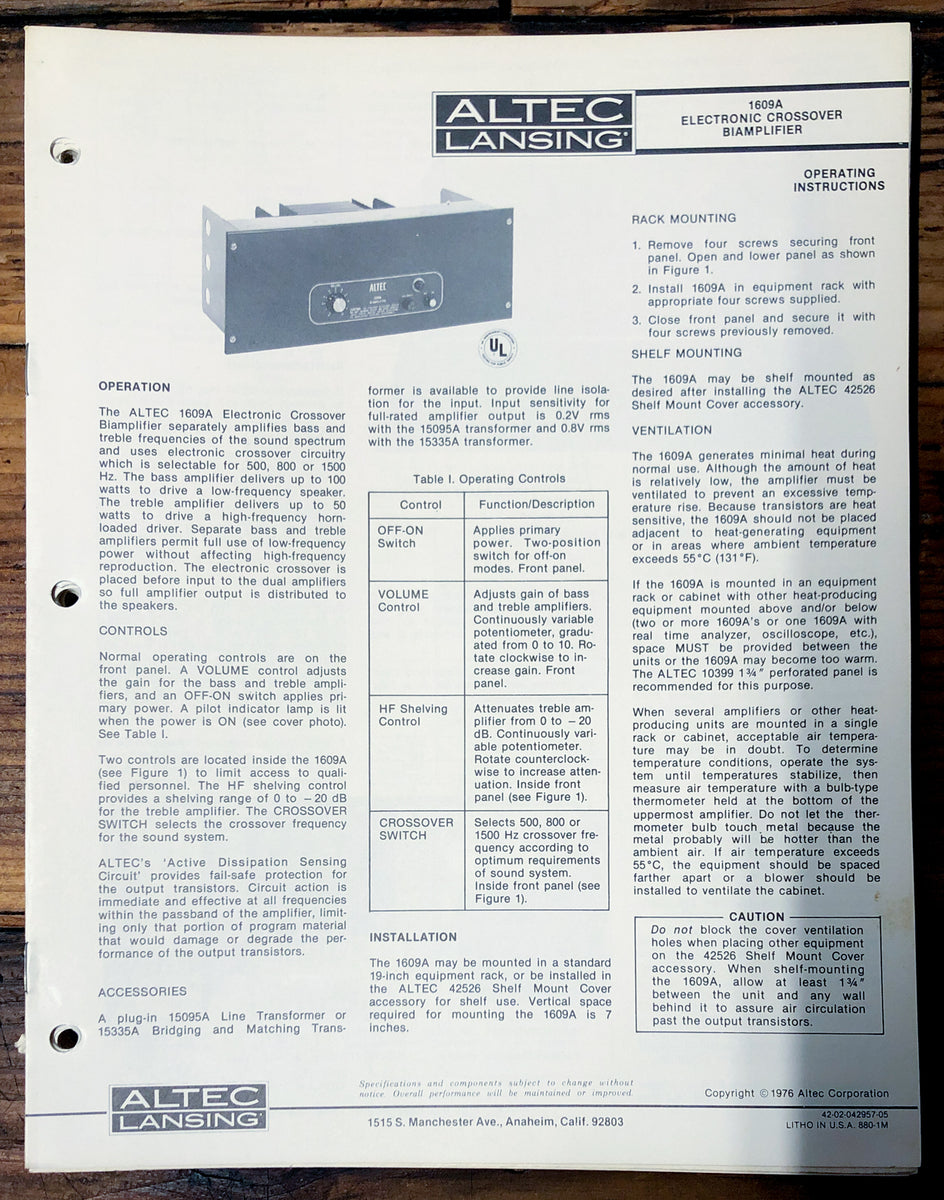 Crossover Owners Manual & Schematic *Orig* – Vintage Audio Store ...