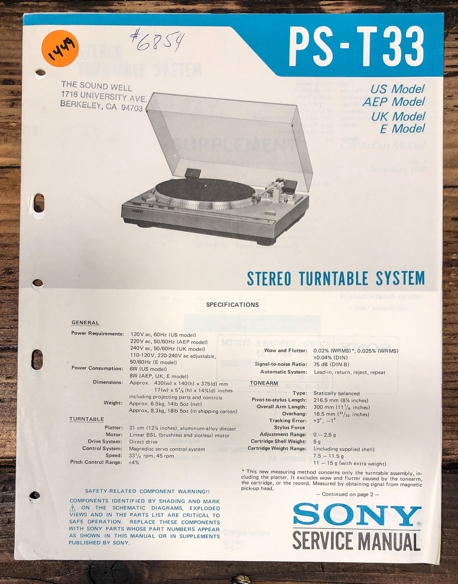 Record Player / Turntable Service Manual – Vintage Audio Store ...