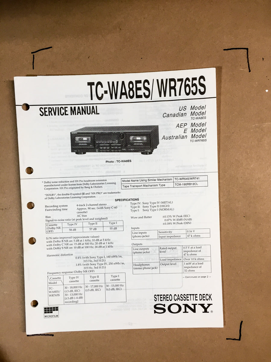 Sony TC-WA8ES / TC-WR765S Service Manual *Original* – Vintage Audio ...