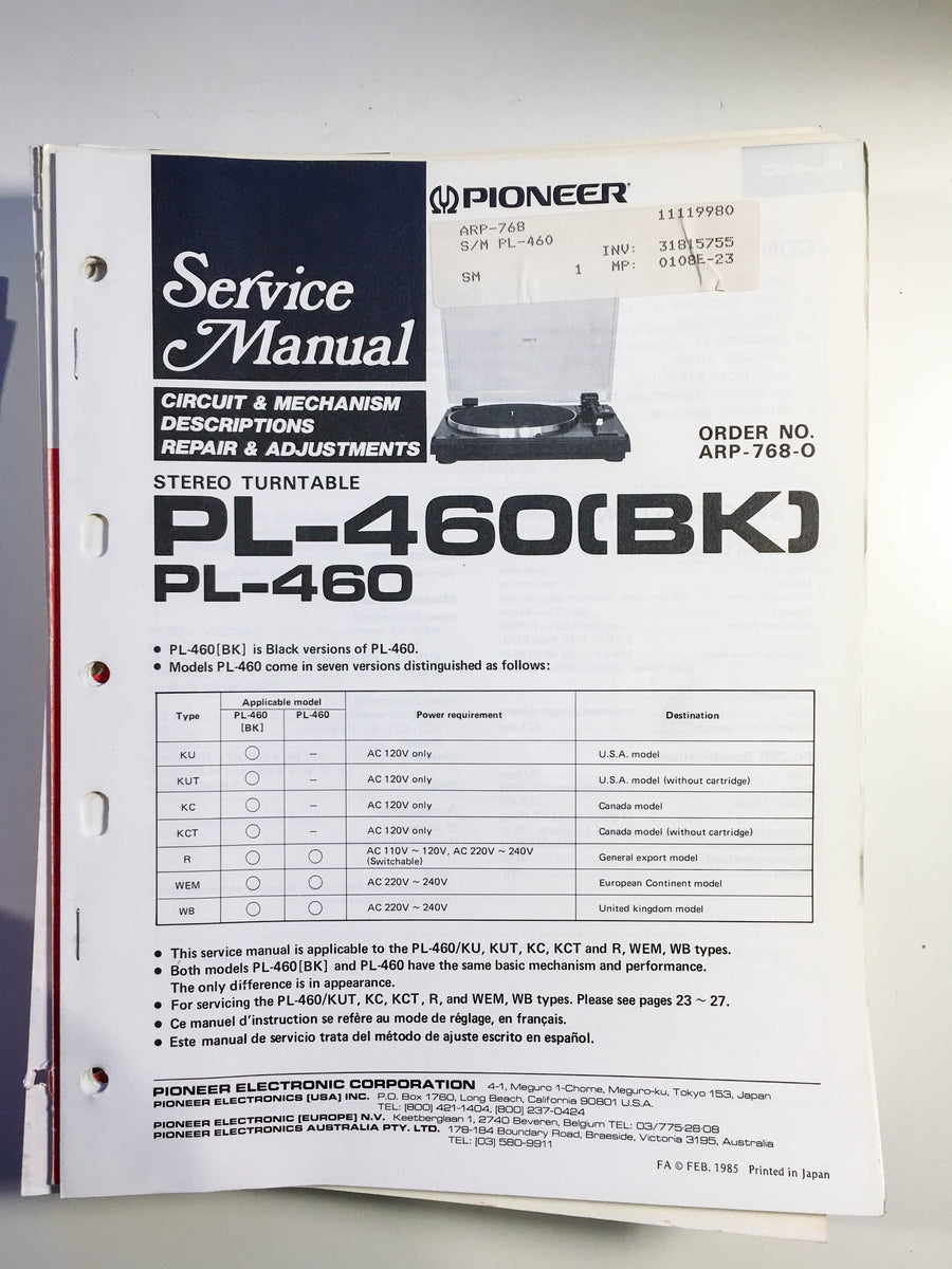 Pioneer PL-460 PL-460BK Turntable Service Manual *Original* – Vintage ...