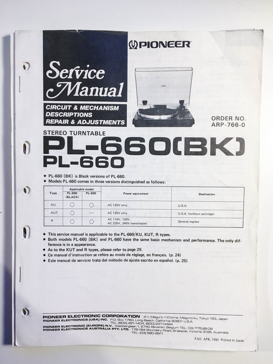 Pioneer PL-660 PL-660BK Turntable Service Manual *Original* – Vintage ...