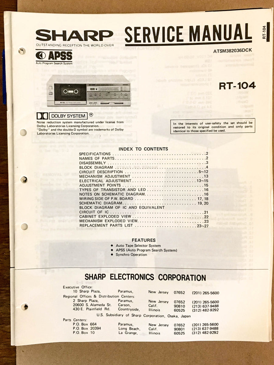 Sharp RT-104 Cassette Deck Service Manual *Original* – Vintage Audio ...