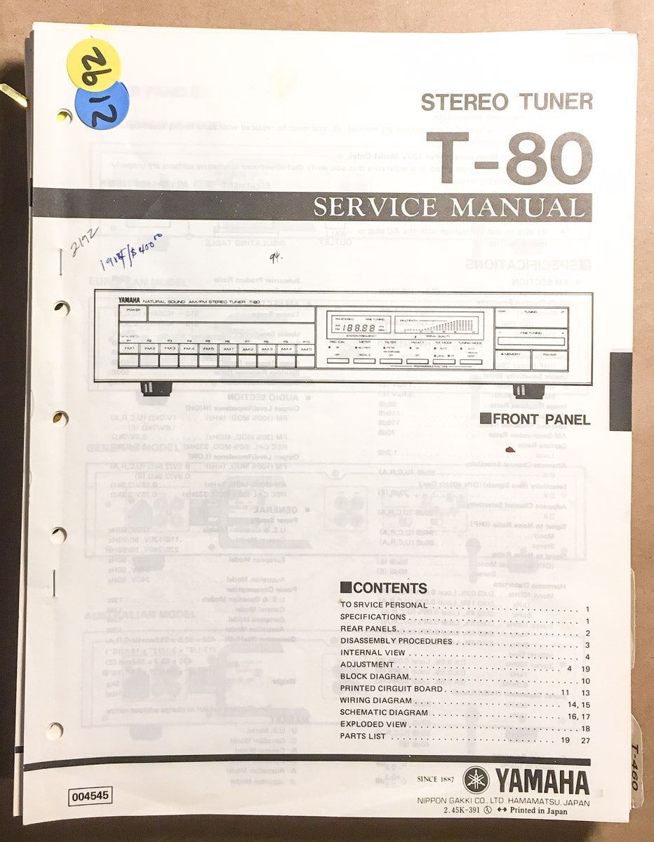 Yamaha T 80 Tuner Service Manual Original Vintage Audio Store