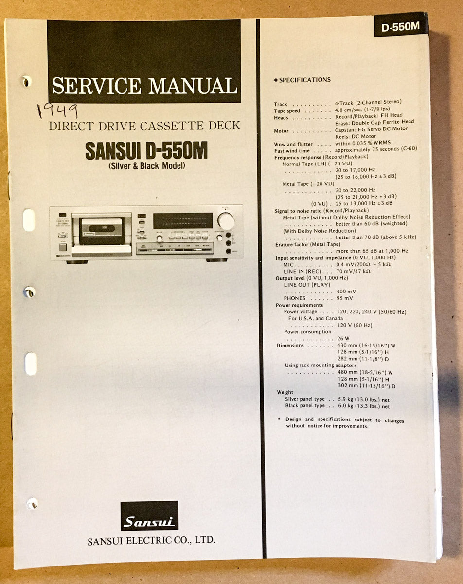 Sansui D-550M Cassette / Tape Player Service Manual *Original ...