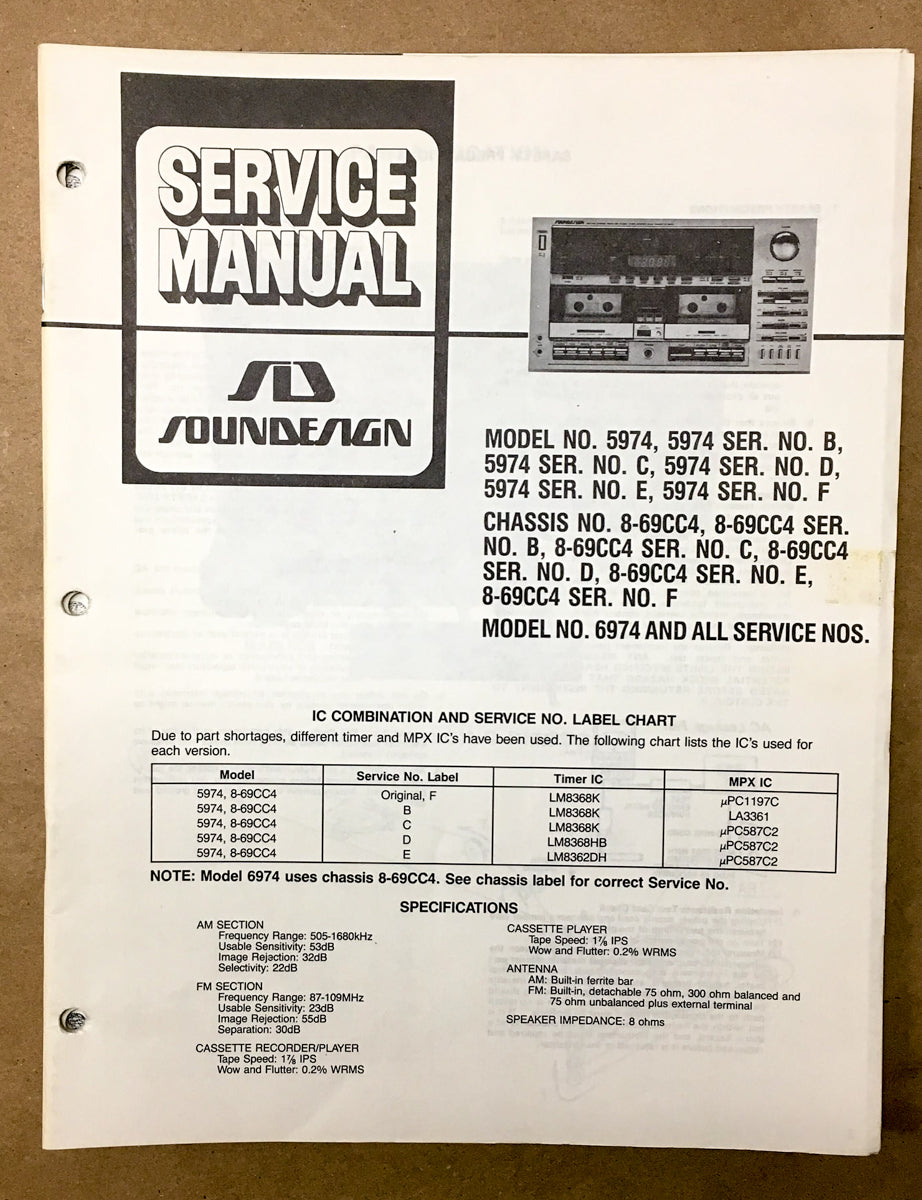 Soundesign Model 5974 6974 Stereo Service Manual *Original* – Vintage ...