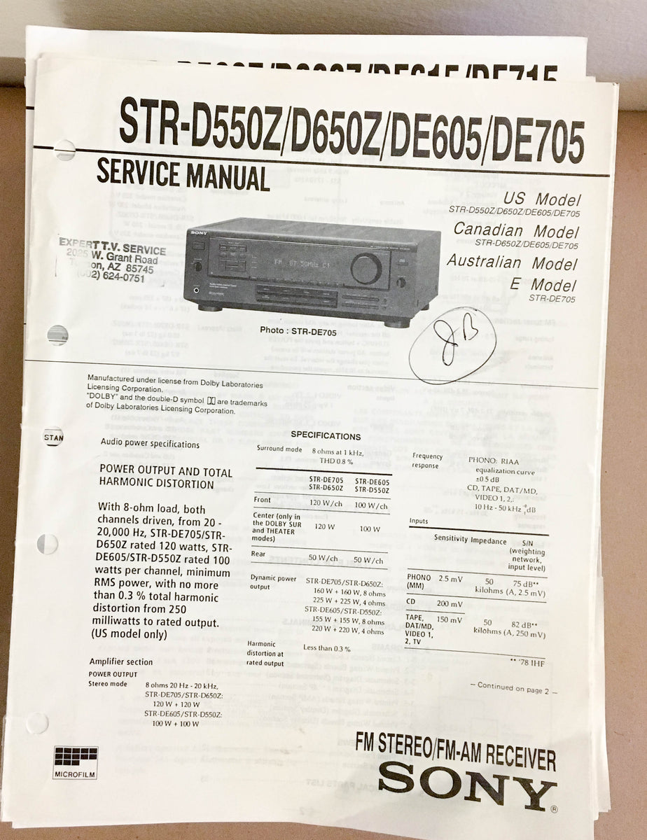 Sony STR-D550Z D650Z DE605 DE705 Receiver Service Manual *Original ...