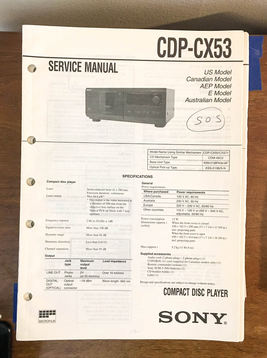 Sony CDP-CX53 CD Player Service Manual *Original* – Vintage Audio Store ...
