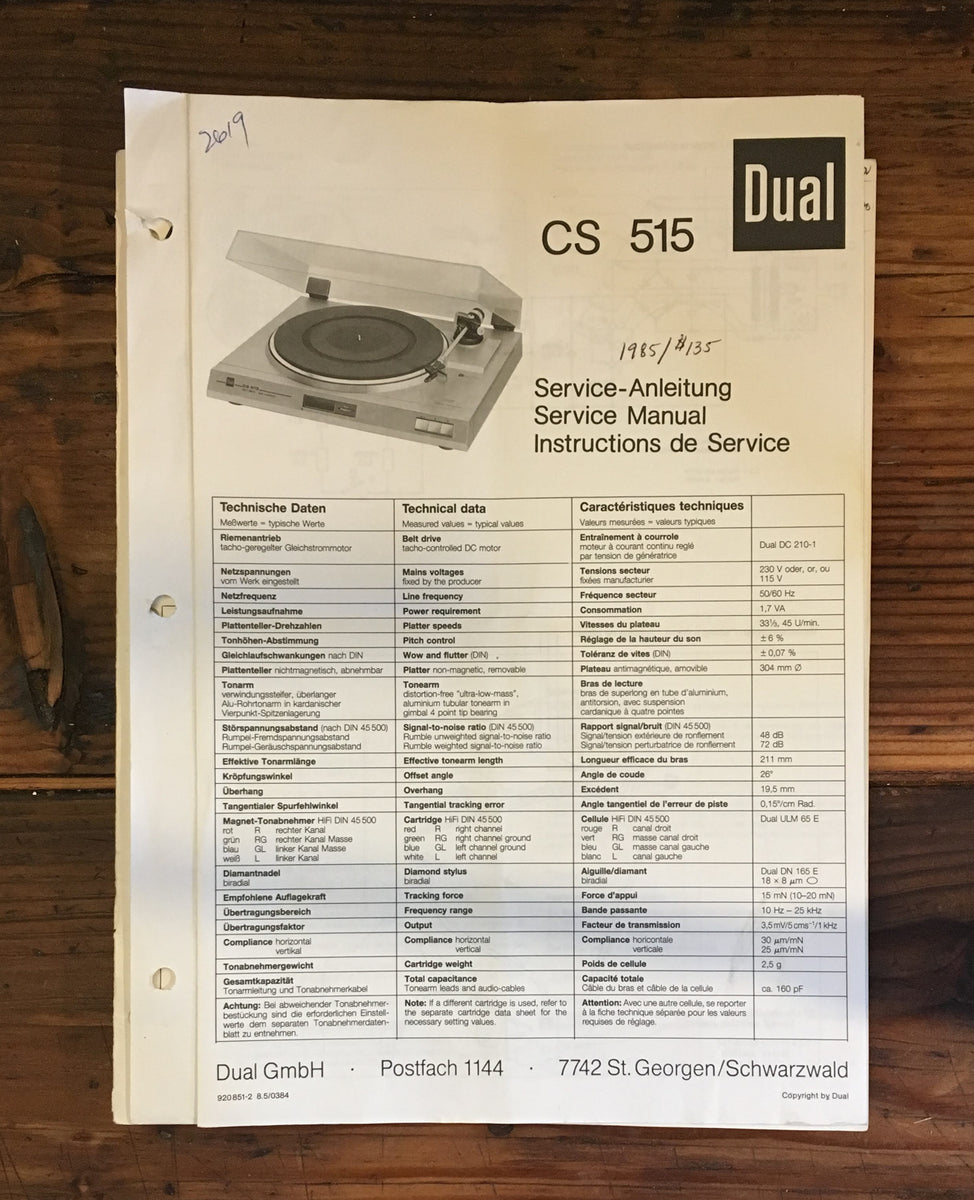 Record Player / Turntable Service Manual *Original* – Vintage Audio ...