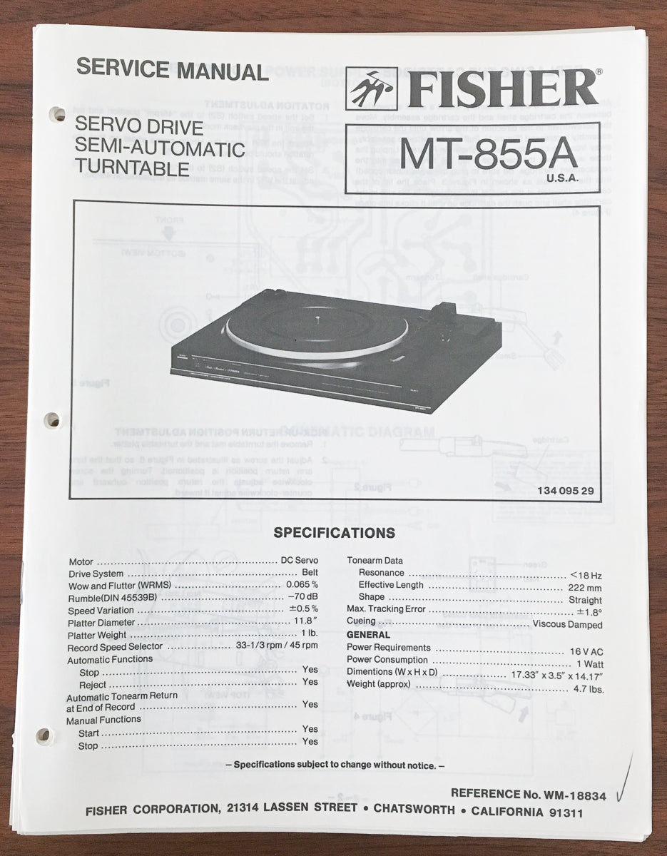 Fisher MT-855A Record Player / Turntable Service Manual *Original ...