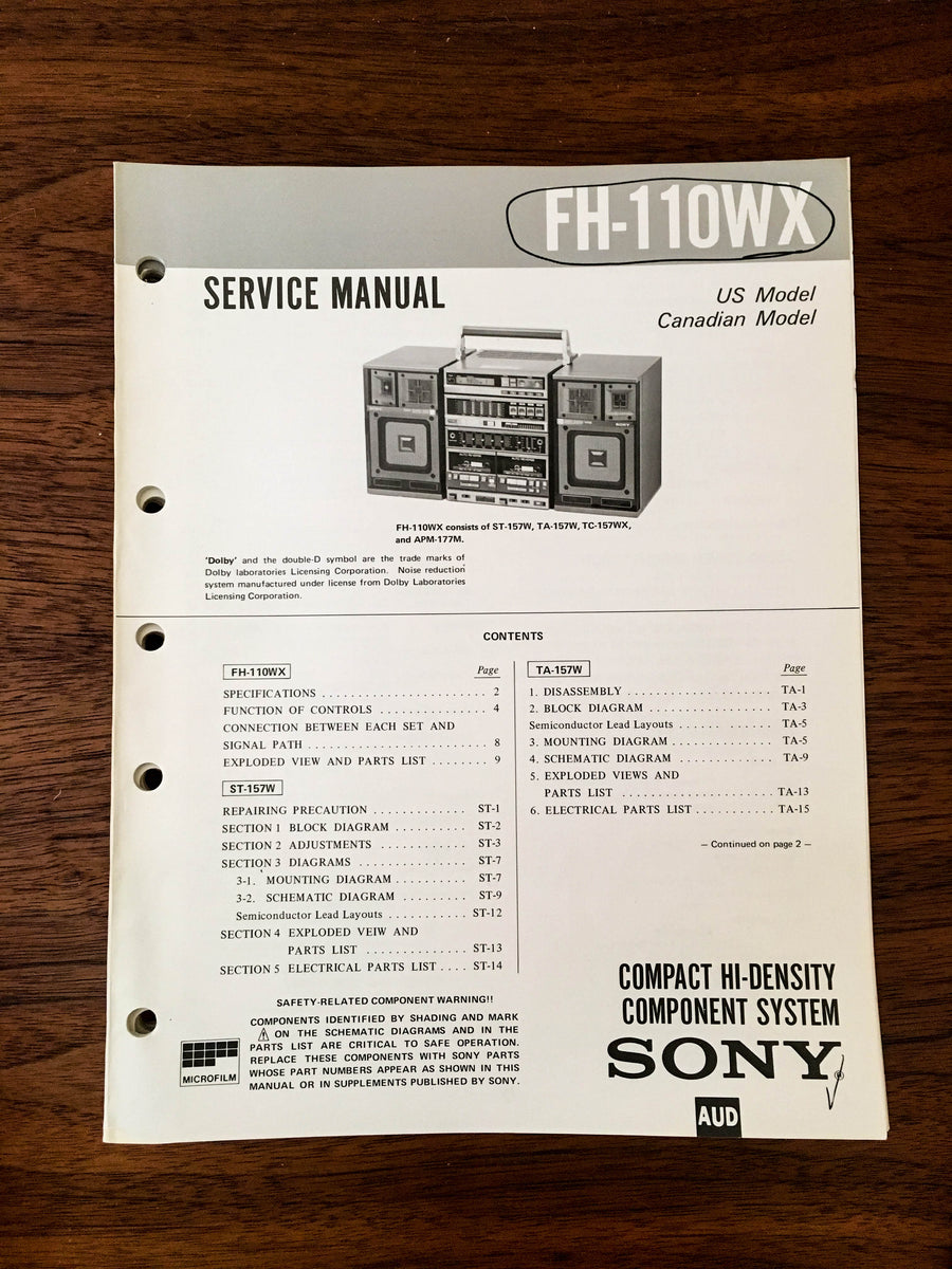 Sony FH-110WX Component Stereo Service Manual *Original* – Vintage ...