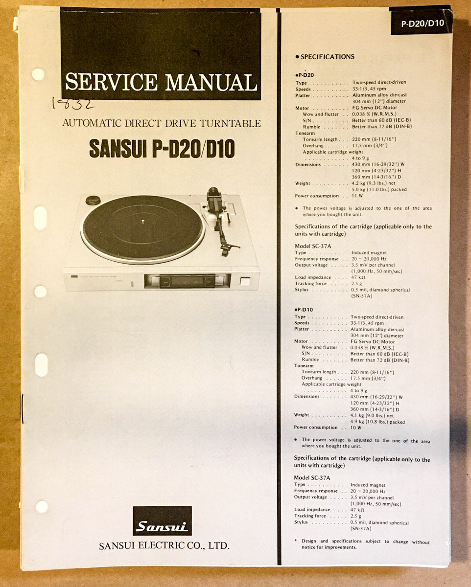 Sansui P-D20 P-D10 Record Player / Turntable Service Manual *Original ...