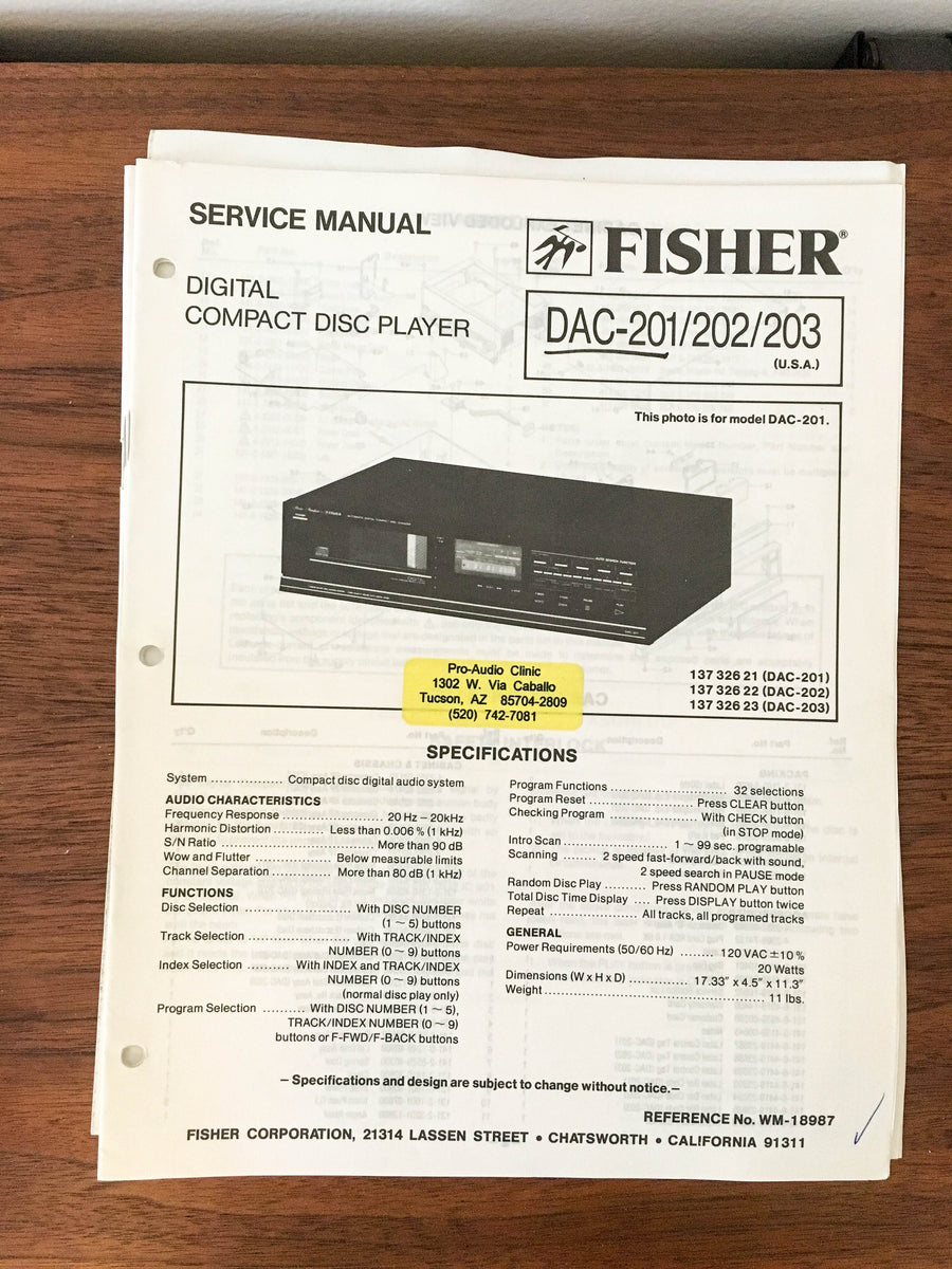 Fisher DAC-201 DAC-202 DAC-203 CD Player Service Manual *Original ...