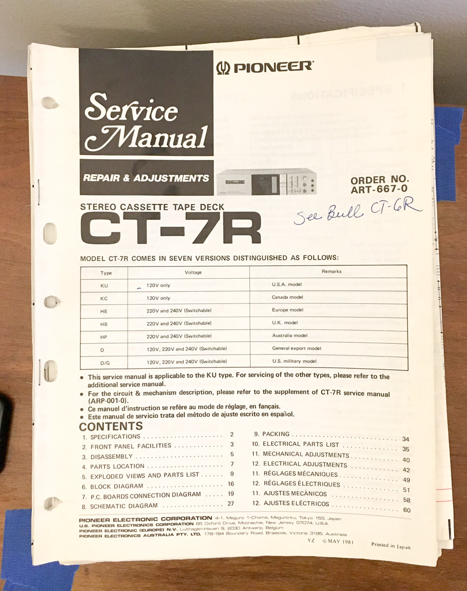 Pioneer CT-7R Cassette Service Manual *Original* #1 – Vintage Audio ...