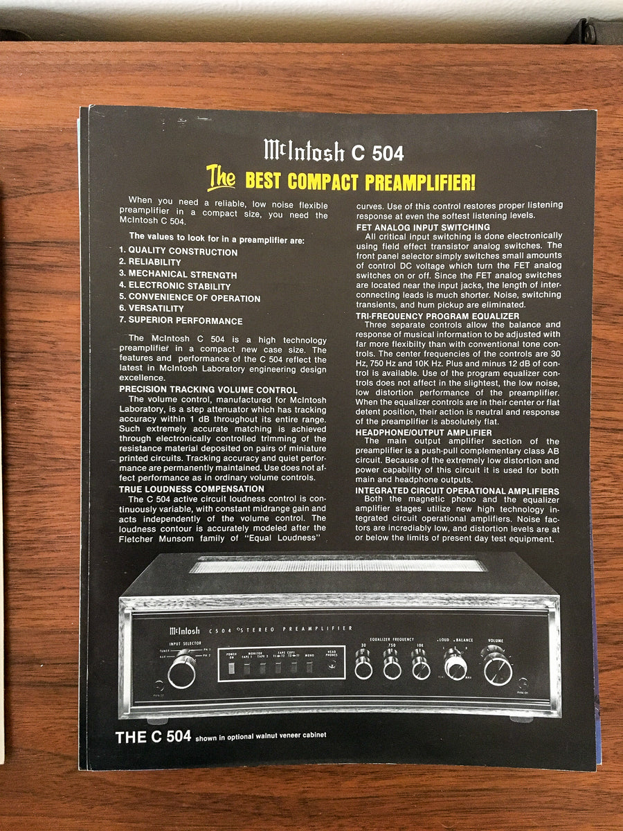 McIntosh C504 C-504 Preamp / Preamplifier Dealer Spec Sheet *Original ...
