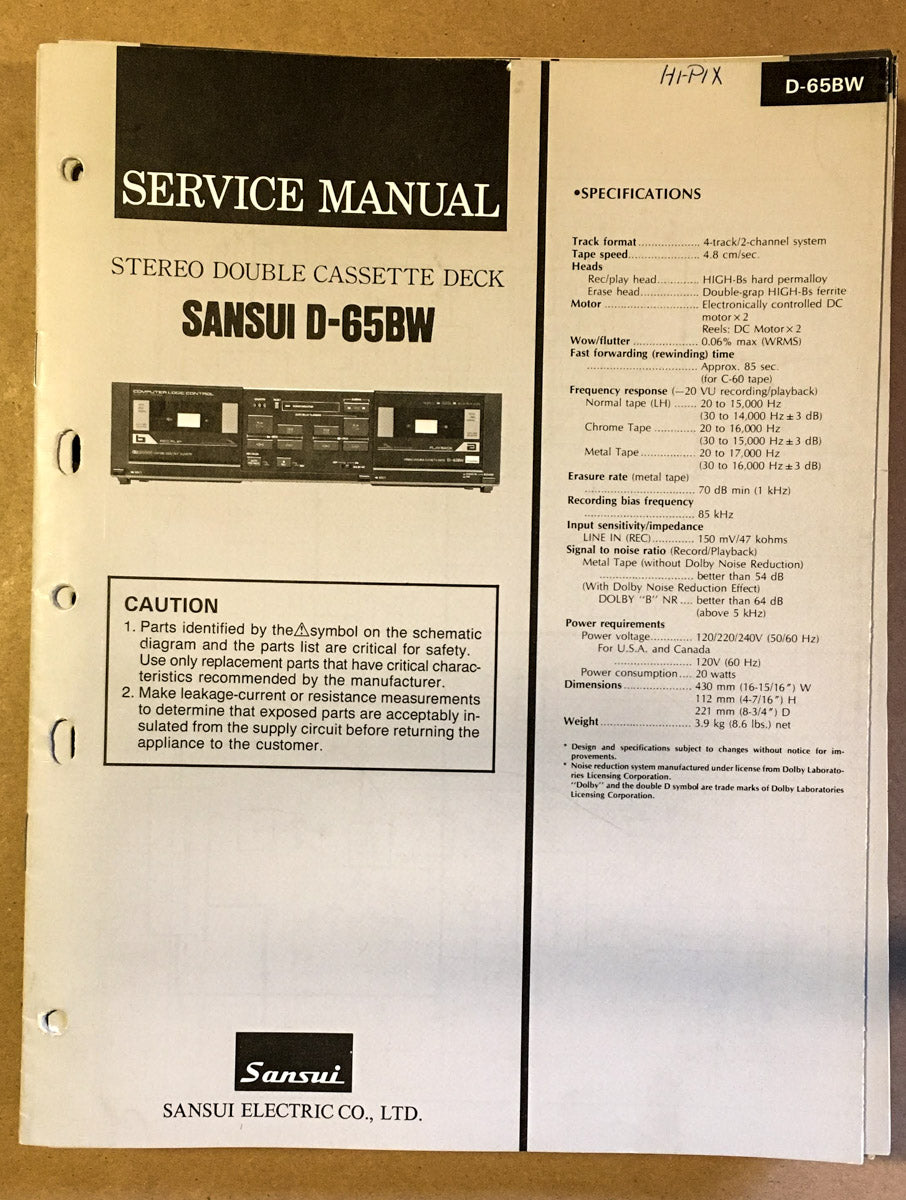 Sansui D-65BW Cassette / Tape Player Service Manual *Original ...