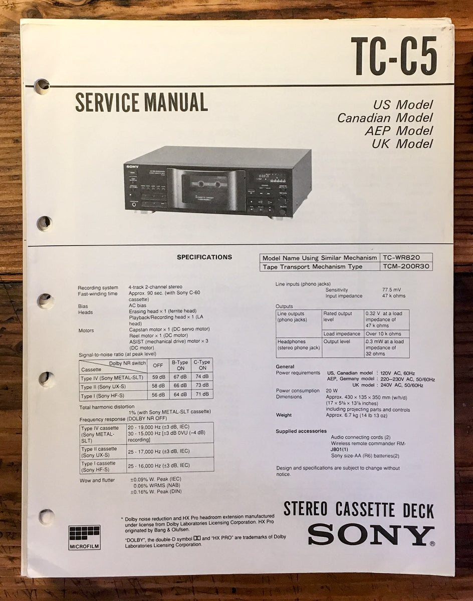 Sony TC-C5 Cassette Service Manual *Original* – Vintage Audio Store ...