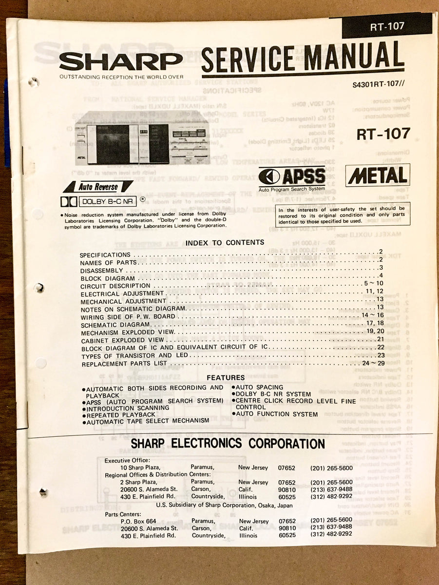 Sharp RT-107 Cassette Deck Service Manual *Original* – Vintage Audio ...