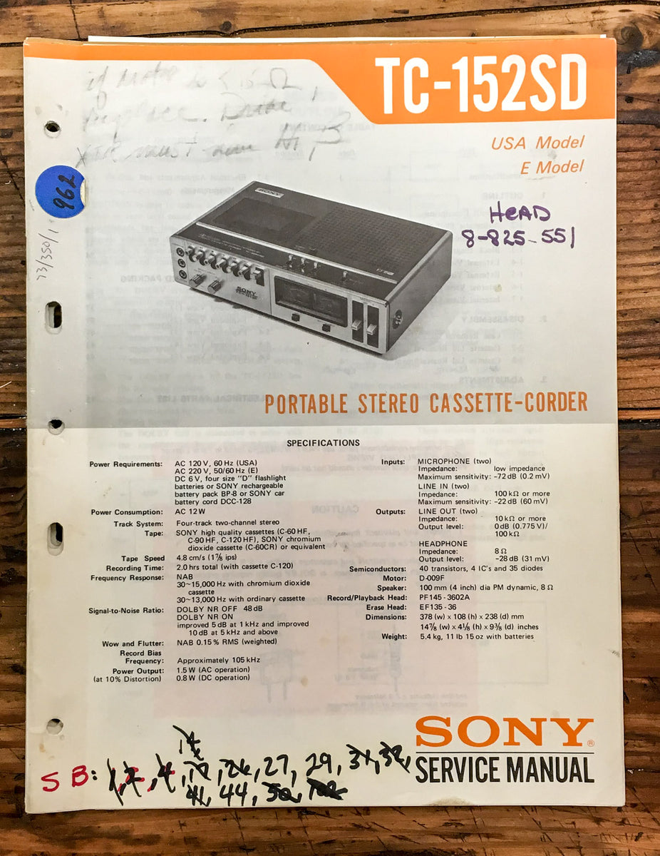 Sony TC-152SD Cassette Service Manual *Original* – Vintage Audio Store ...