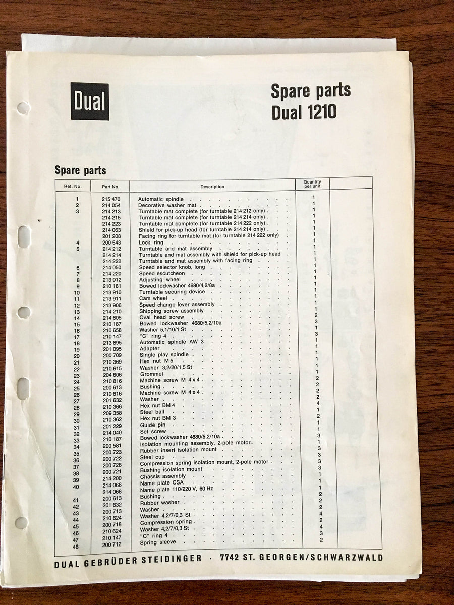 Dual 1210 Record Player / Turntable SPARE PARTS MANUAL *ORIGINAL ...