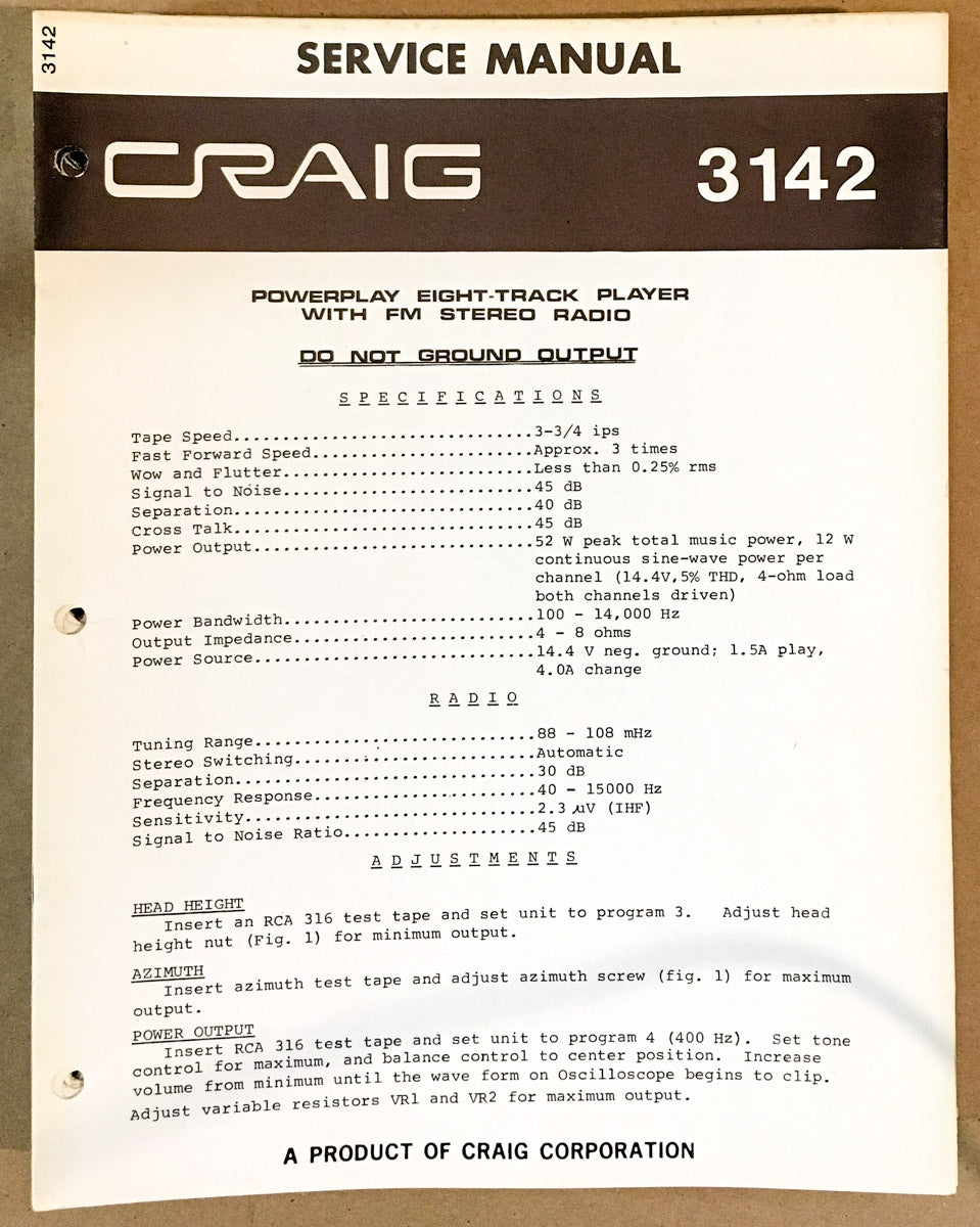 Craig Model 3142 8 Track Stereo Service Manual *Original* – Vintage ...