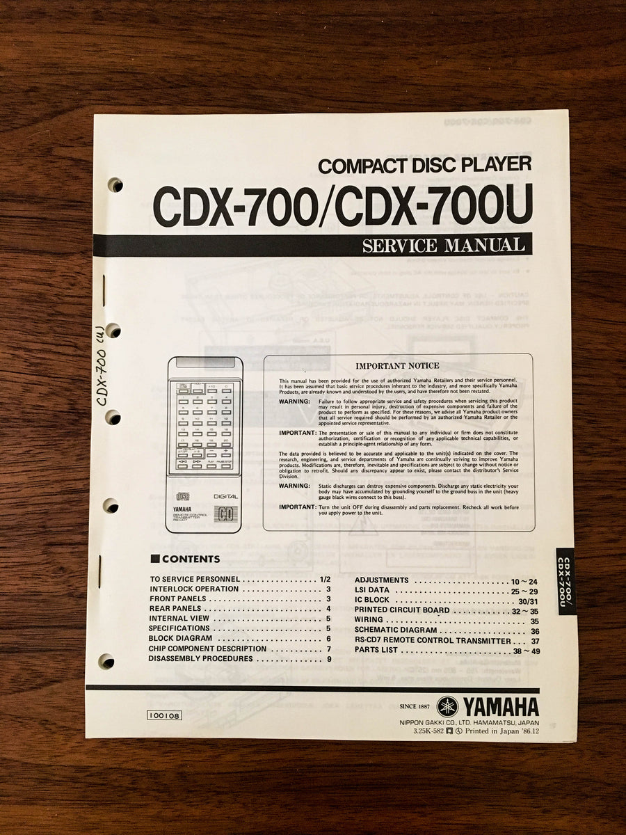 Yamaha CDX-700 CDX-700U CD PLAYER Service Manual *Original* – Vintage ...