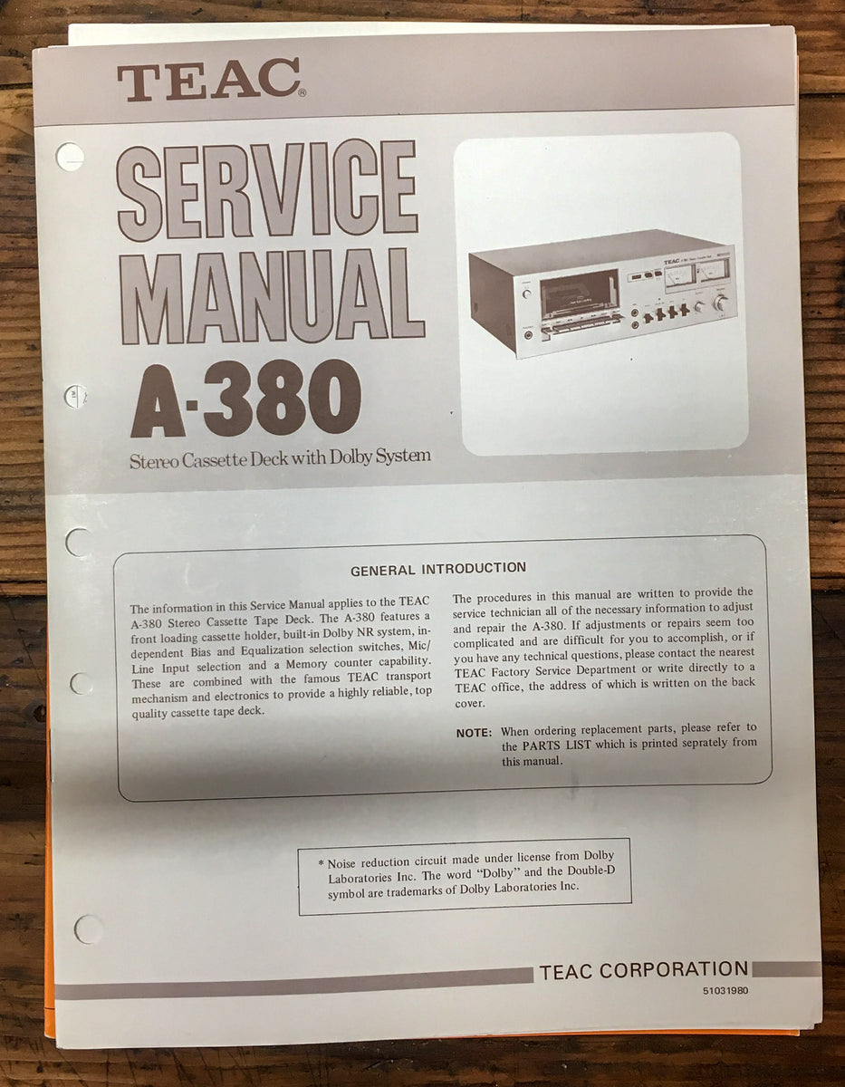 Teac A-380 Cassette Deck Service Manual *Original* – Vintage Audio Store - Vintage Service ...