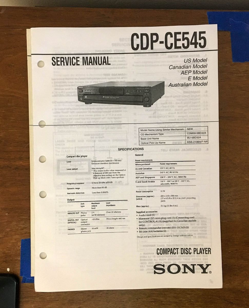 Sony CDP-CE545 CD Player Service Manual *Original* – Vintage Audio ...