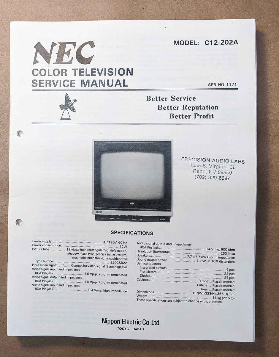 NEC C12-202A Color TV Service Manual *Original* – Vintage Audio Store ...