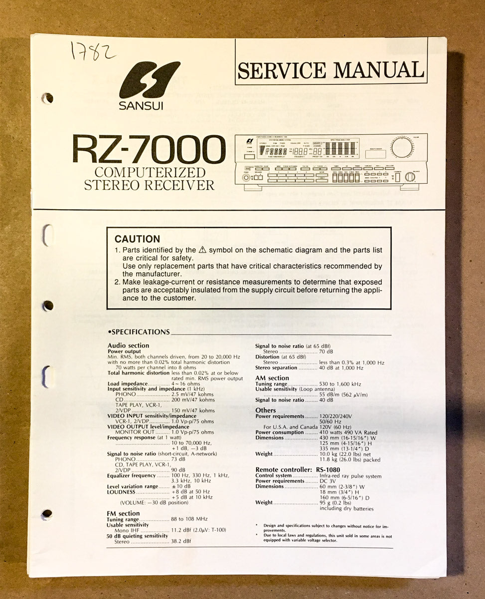 Sansui RZ-7000 Receiver Service Manual *Original* – Vintage Audio Store ...